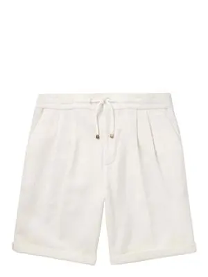 Brunello Cucinelli Straight-leg Pleated Cotton And Linen-blend Bermuda Shorts - White