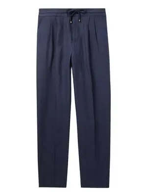 Brunello Cucinelli Tapered Pleated Linen Drawstring Trousers - Blue