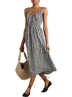 DÔEN Leslie Tie-Detailed Smocked Gingham Voile Midi Dress Black,checkered