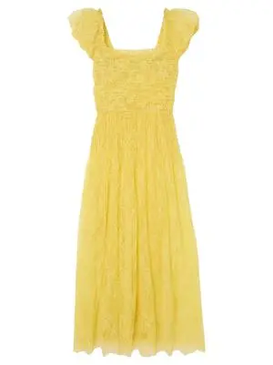 DÔEN Pamelina Ruffled Shirred Lace Midi Dress - Yellow