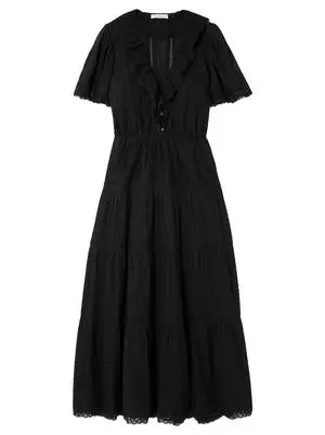 DÔEN Gabriella Ruffled Tiered Lace-trimmed Point D'esprit Cotton Dress - Black