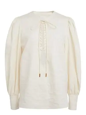 Givenchy Balloon-sleeve Lace-up Linen Shirt - Neutral