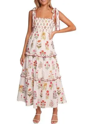 PETAL & PUP Printed Tie Strap Maxi Dress - White Floral