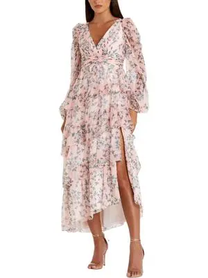Mac Duggal Puff Sleeve Floral Printed Midi Dress - Blush Multi