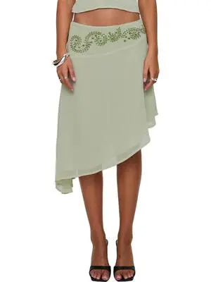 Princess Polly Embroidered Asymmetric Chiffon Skirt - Green