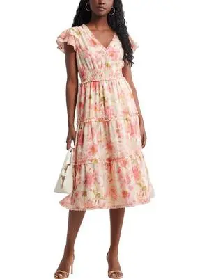 Chelsea28 Flutter Sleeve Tiered Cotton Midi Dress - Pink- Ivory Gia Floral