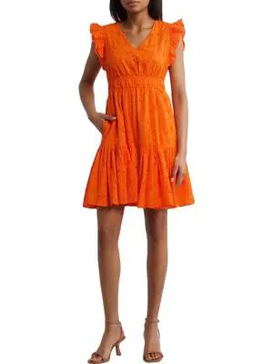 Anne Klein Embroidered Eyelet Cotton Ruffle Dress - Bright Orange