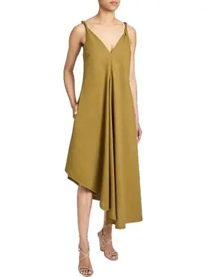 Santorelli Asymmetric Sleeveless Linen Blend Midi Dress - Olive
