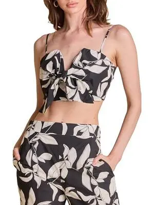 English Factory Leaf Print Bow Accent Cotton Camisole - Black/ White