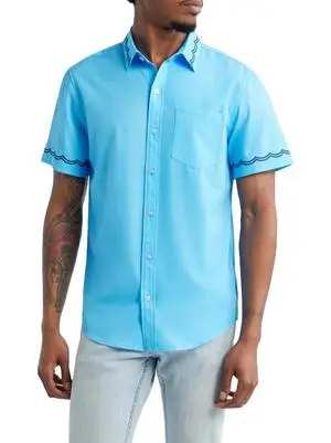 MAVRANS Weekend Wave Embroidered Short Sleeve Performance Button-up Shirt - Blue