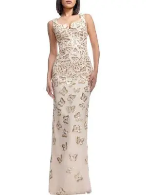 Dress The Population Sequin Butterfly Column Gown - Champagne Multi