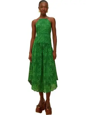 Farm Rio Palm Tree Eyelet Halter Neck Midi Dress - Green