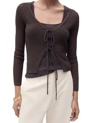 Mango Ribbed Cotton Blend Tie-Front Cardigan Chocolate