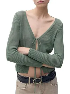 Mango Ribbed Cotton Blend Tie-front Cardigan - Green
