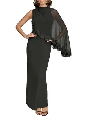 Donna Karan New York Lace Trim Capelet Cocktail Dress - Black