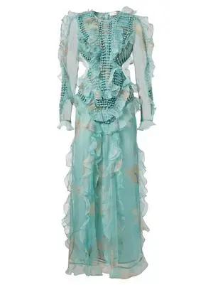 Zimmermann Illuminate Floral Ruffled Silk Organza Gown - Blue