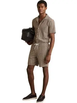 REISS Zig-zag Knit Drawstring Shorts - Tobacco Brown