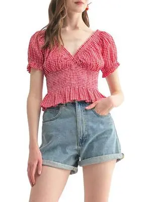 ALL IN FAVOR Cotton Blend Gingham Puff-sleeve Top - Red Gingham