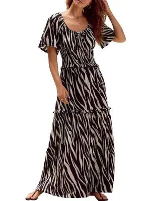 NEXT Zebra Print Tiered Maxi Dress - Black