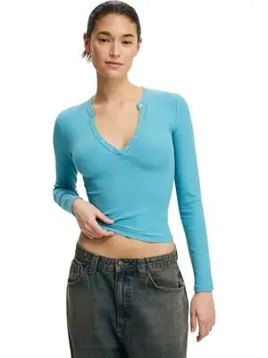 COTTON ON Ryan Henley Long Sleeve Top Tanzanite Blue