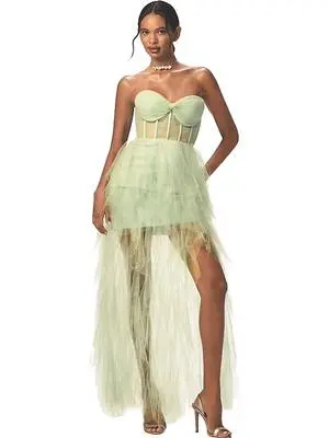 Mac Duggal Strapless Bustier Ruffled Tulle Maxi Dress - Light Green