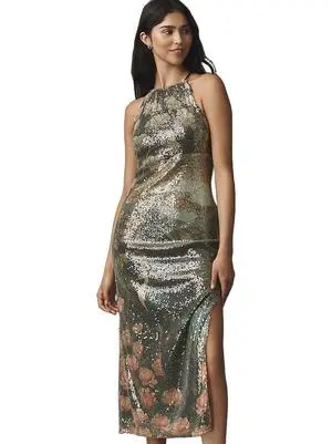Bhldn Paula Halter Printed Sequin Midi Dress - Black Pattern
