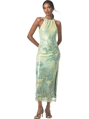 Bhldn Printed Sequin Midi Dress With Halter Neck - Mint Printed Combo