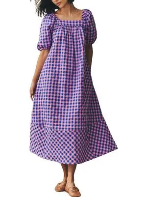 NEXT Gingham Seersucker Puff Sleeve Dress - Purple