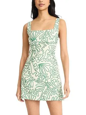 THE GOOD JOURNEY Square Neck Mini Dress Ivory/ Green