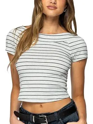 EDIKTED Lihi Striped Boat Neck Top - Gray And Black