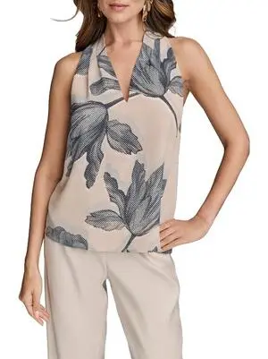 Donna Karan New York Printed V-neck Top - Sand Combo