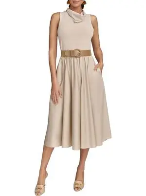 Donna Karan New York Cowl Neck Mixed Media Midi Dress - Sand/ Sand