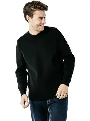 Saint James Cancale Fisherman Wool Sweater With Button Shoulder - Black