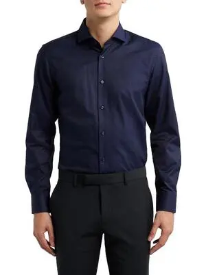 BOSS Hank Slim Fit Solid Blue Cotton Twill Dress Shirt - Dark Blue