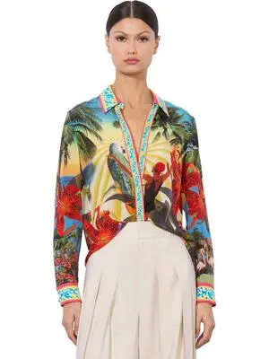 Alice + Olivia Willa Silk Island Dreams Print Blouse Denim