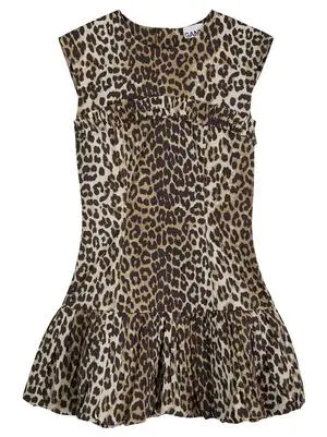 GANNI Print Cotton-poplin Mini Dress - Leopard