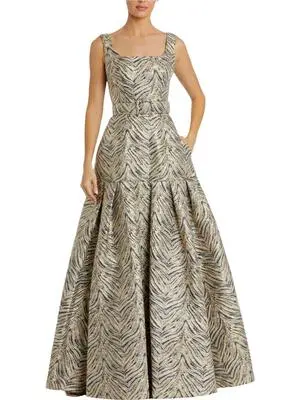 Mac Duggal Metallic Zebra Print A-line Gown With Belt - Gold