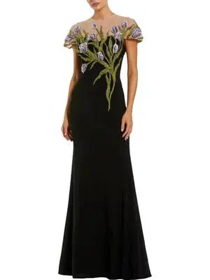 Mac Duggal Jersey Floral Embroidered Illusion Neck Gown - Black Multi