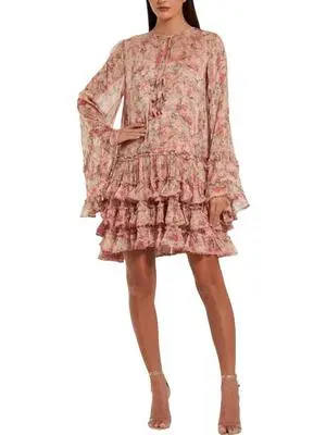Mac Duggal Floral Long Sleeve Ruffle Viscose Mini Dress - Pink Multi