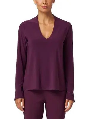 FRANNE GOLDE Luxe Stretch Long Sleeve V-Neck Top Aubergine