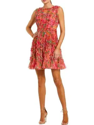 Mac Duggal Mac Duggal Floral Mesh Micro Ruffle High Neck Mini Dress Orange Multi