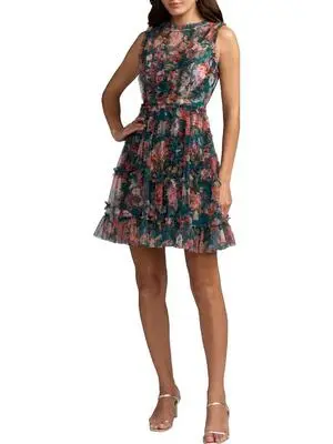 Mac Duggal Floral Mesh Micro Ruffle High Neck Mini Dress - Teal Multi