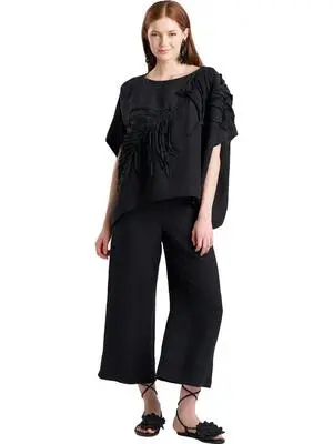 Natori Linen Blend Embroidered Caftan Top - Black