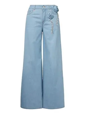 AREA Embellished Floral-appliqué Wide-leg Jeans - Blue