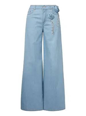 AREA Embellished Floral-appliqué Wide-leg Jeans - Blue