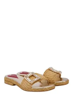 ROGER VIVIER Crystal-embellished Raffia Mules - Beige