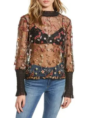 Endless Rose Embroidered Mesh Top - Black