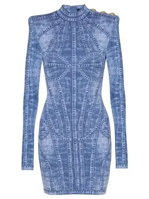 Balmain Short Jacquard Knit Dress With Denim Effect - Blue