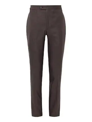 Thom Sweeney Slim-fit Herringbone Wool, Silk, And Linen-blend Trousers - Brown