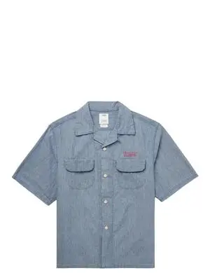 Visvim Keesey Convertible-collar Logo-embroidered Cotton And Silk-blend Chambray Shirt - Blue